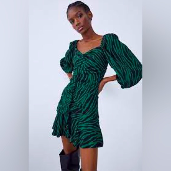 Zara | Dresses | Zara Greenblack Zebra Animal Print Puffsleeves Mini ...